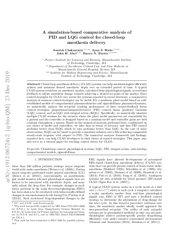 Pdf A Simulation Based Comparative Analysis Of Pid And Lqg Control For Closed Loop Anesthesia