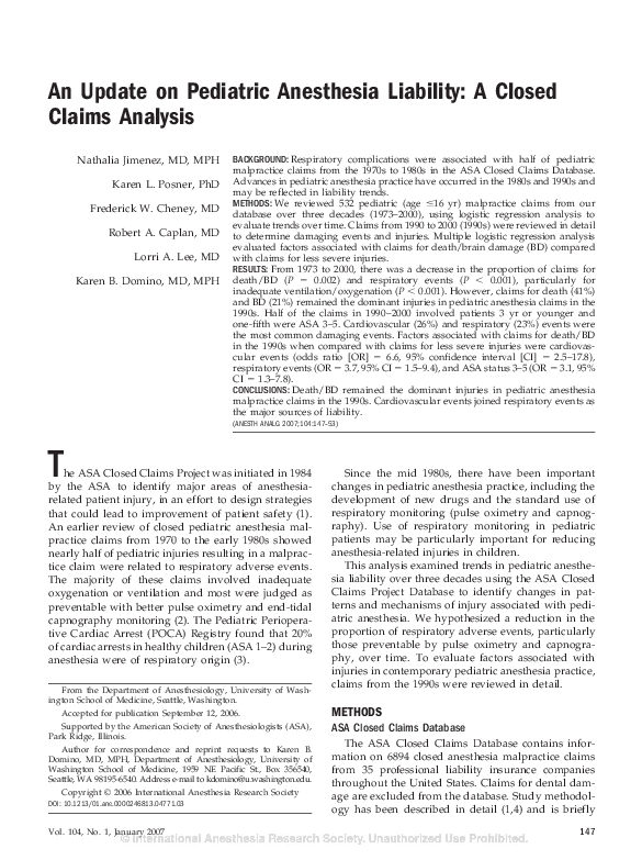 (PDF) An Update on Pediatric Anesthesia Liability: A Closed Claims Analysis