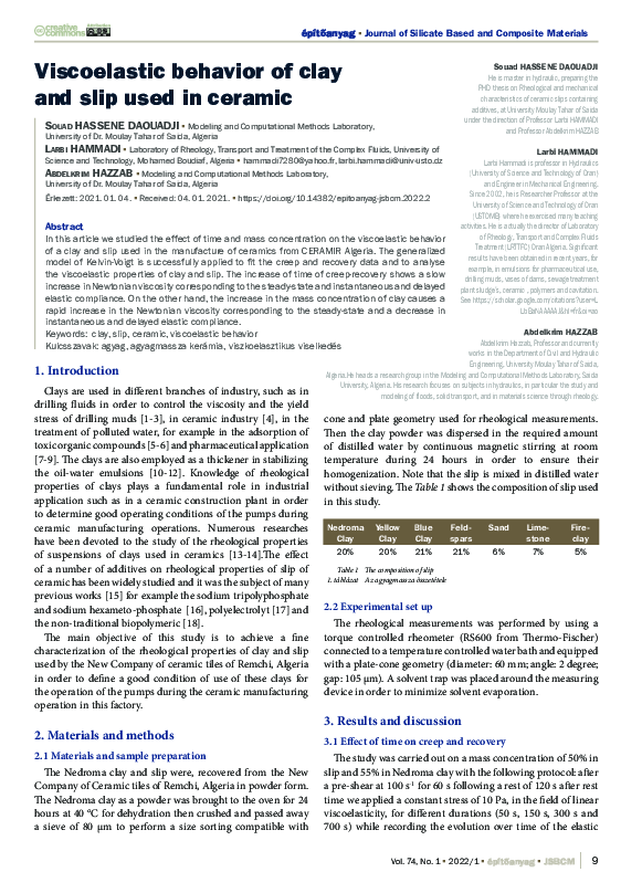Pdf Viscoelastic Behavior Of Clay And Slip Used In Ceramic