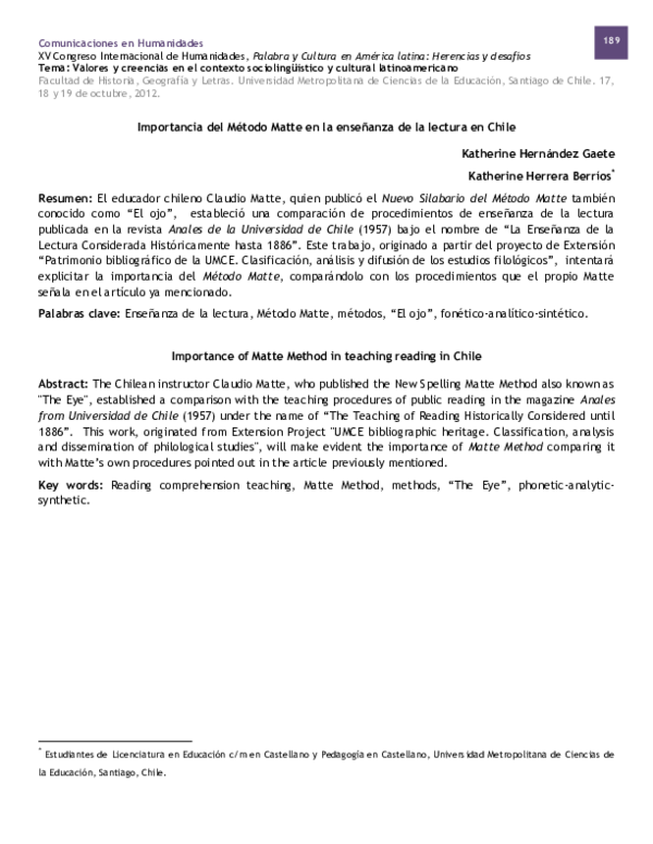 (PDF) Importancia del Método Matte en la enseñanza de la lectura en Chile