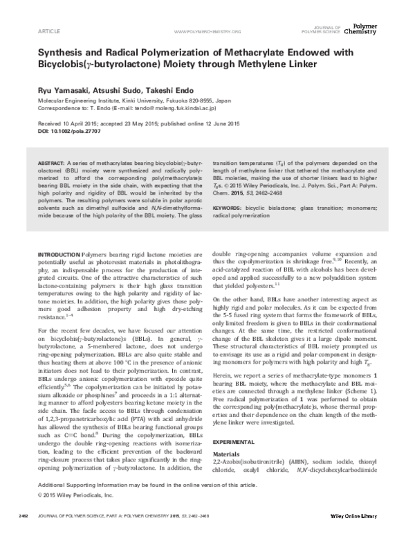 (PDF) Synthesis and Radical Polymerization of Methacrylate Monomers ...