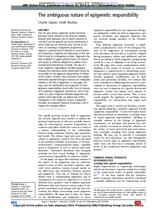 (PDF) The ambiguous nature of epigenetic responsibility