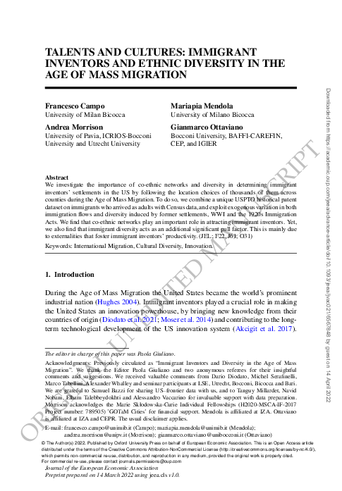 (PDF) Talents and Cultures: Immigrant Inventors and Ethnic Diversity in ...