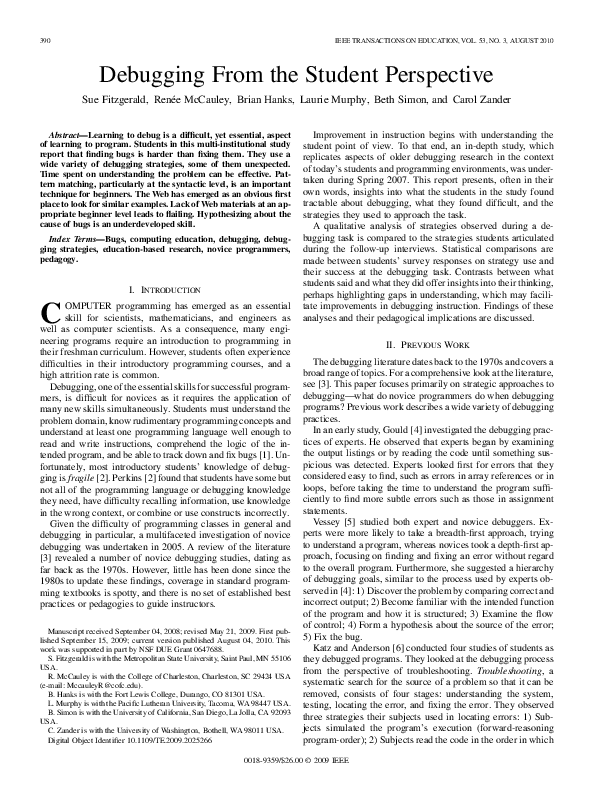 (PDF) Debugging From the Student Perspective