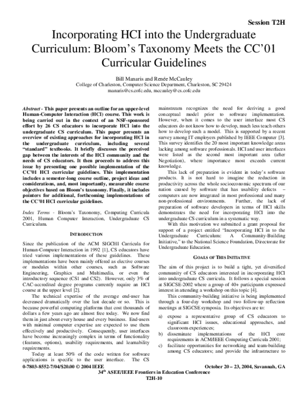 (PDF) Incorporating HCI into the undergraduate curriculum: bloom's taxonomy meets the CC'01 ...