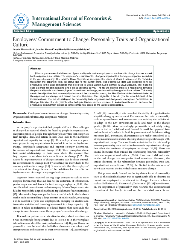 (PDF) Employees' commitment to change: personality traits and organizational culture