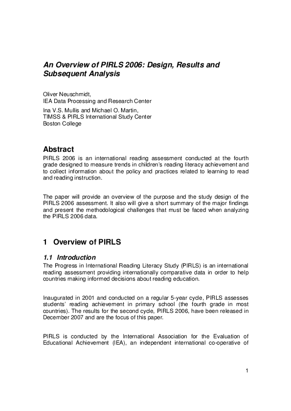 (PDF) An Overview of PIRLS 2006: Design, Results and Subsequent Analysis