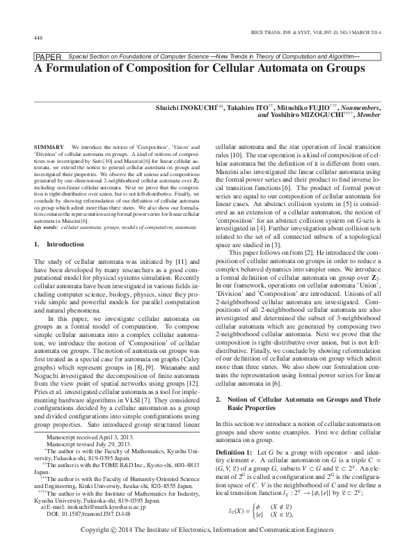 (PDF) A Formulation of Composition for Cellular Automata on Groups