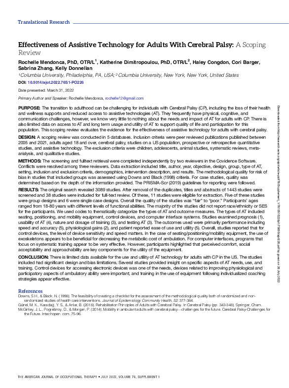 (PDF) Effectiveness of Assistive Technology for Adults With Cerebral Palsy: A Scoping Review