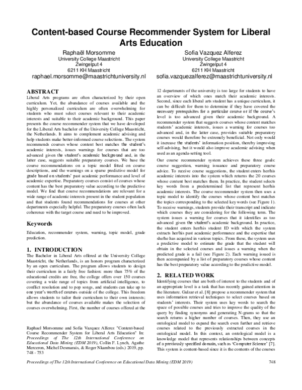 (PDF) Content-based Course Recommender System for Liberal Arts Education