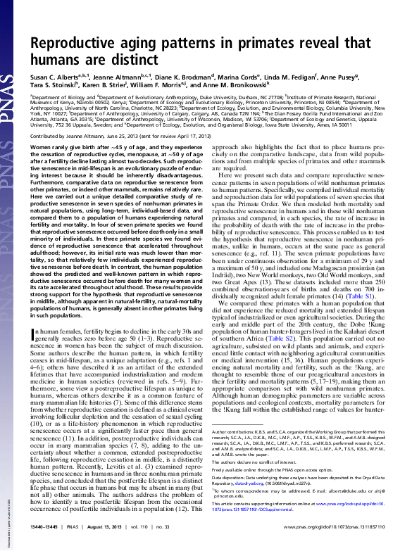 (PDF) Reproductive aging patterns in primates reveal that humans are ...