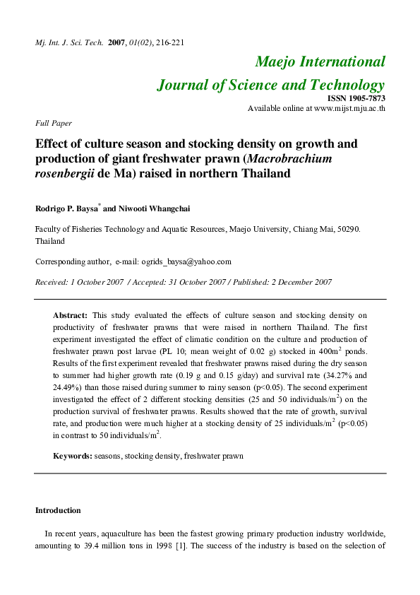 (PDF) Effect of culture season and stocking density on growth and ...