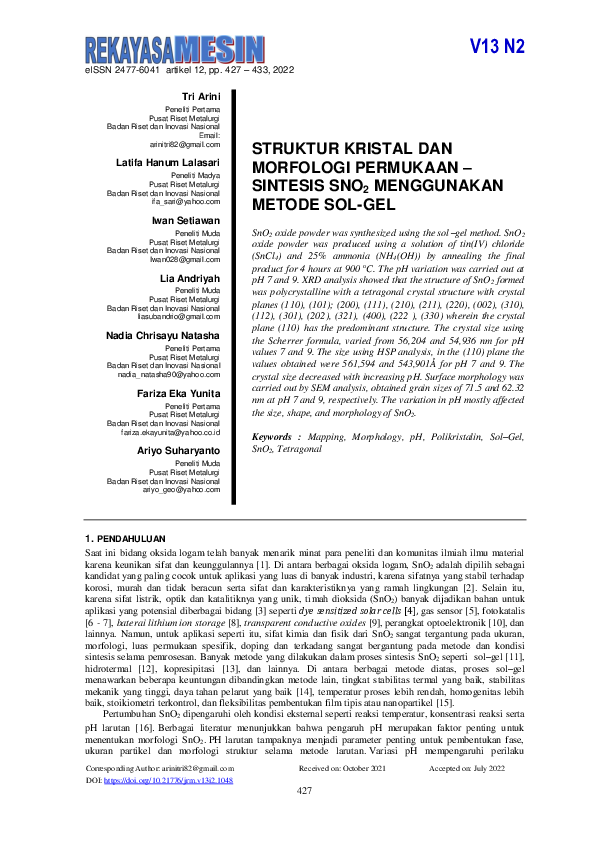 (PDF) Struktur Kristal Dan Morfologi Permukaan – Sintesis SNO2 ...