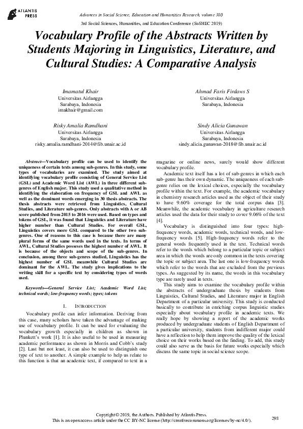 (PDF) Vocabulary Profile of the Abstracts Written by Students Majoring ...