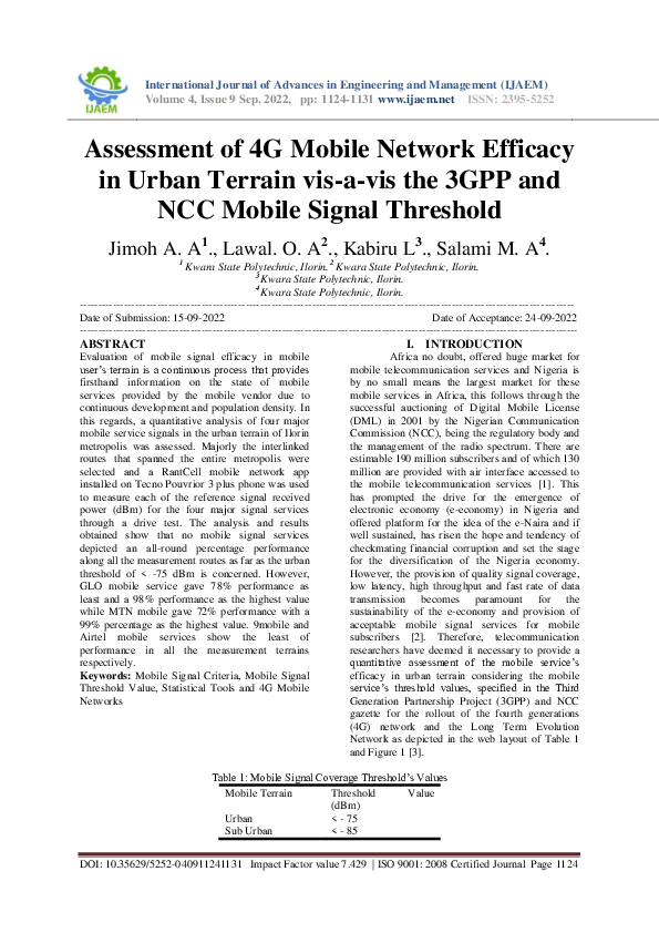 (PDF) Assessment of 4G Mobile Network Efficacy in Urban Terrain vis-a ...