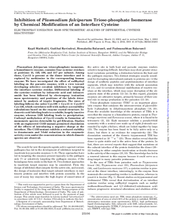 (PDF) Inhibition of Plasmodium falciparum Triose-phosphate Isomerase by ...