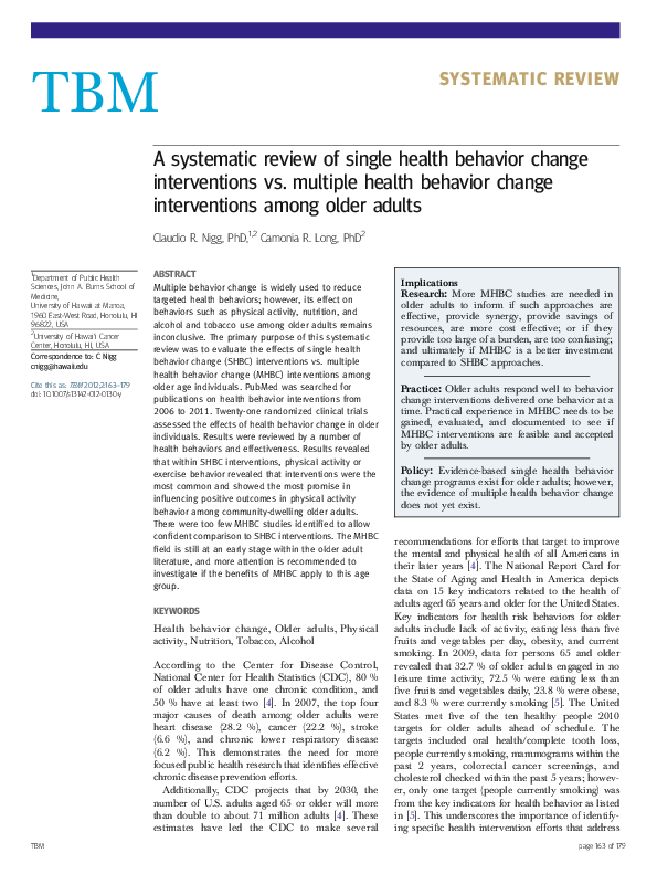 (PDF) A systematic review of single health behavior change ...