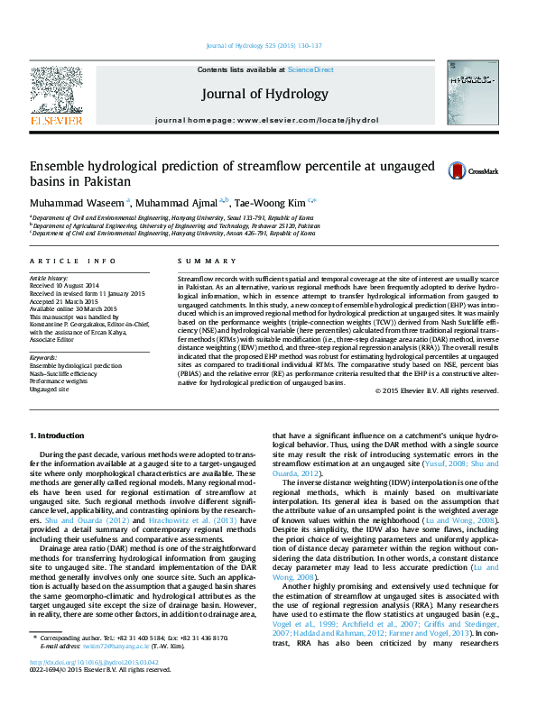 Pdf Ensemble Hydrological Prediction Of Streamflow Percentile At Ungauged Basins In Pakistan