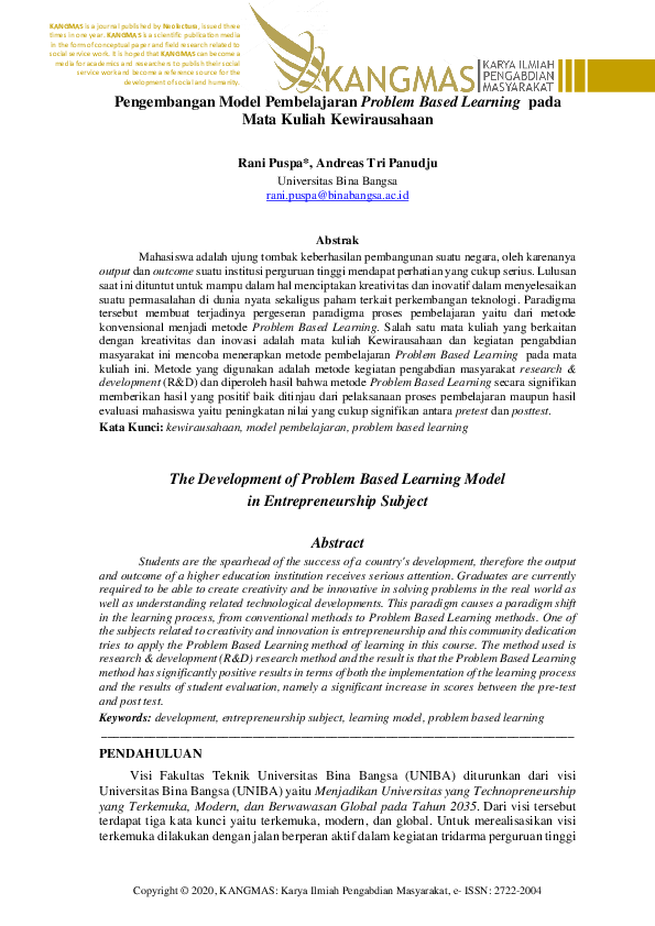 (PDF) Pengembangan Model Pembelajaran Problem Based Learning pada Mata Kuliah Kewirausahaan