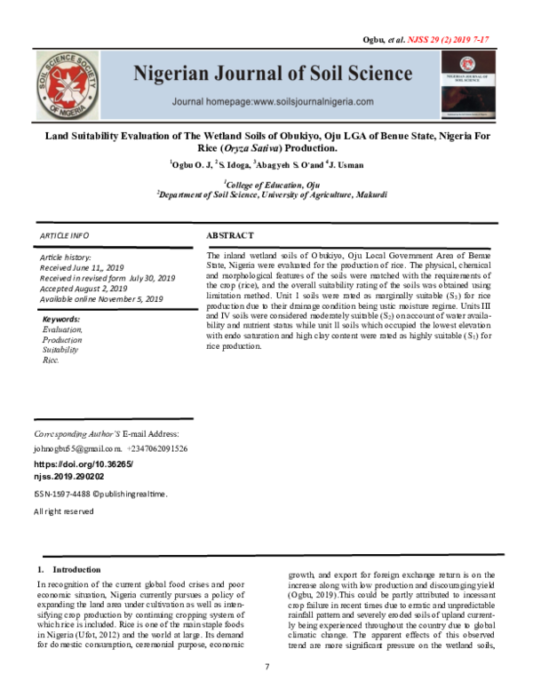(PDF) Land Suitability Evaluation of The Wetland Soils of Obukiyo, Oju ...