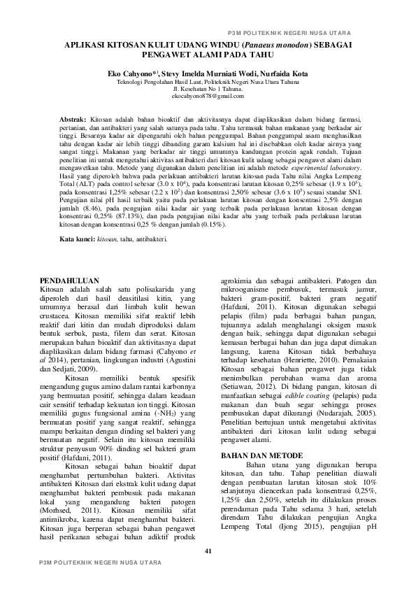 (PDF) APLIKASI KITOSAN KULIT UDANG WINDU (Panaeus monodon) SEBAGAI ...