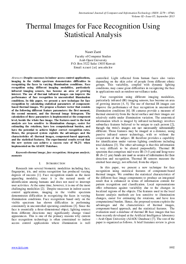 (PDF) Thermal Images for Face Recognition Using Statistical Analysis