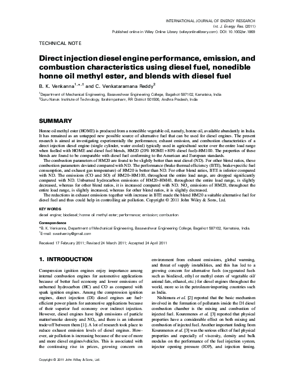 (PDF) Direct injection diesel engine performance, emission, and ...