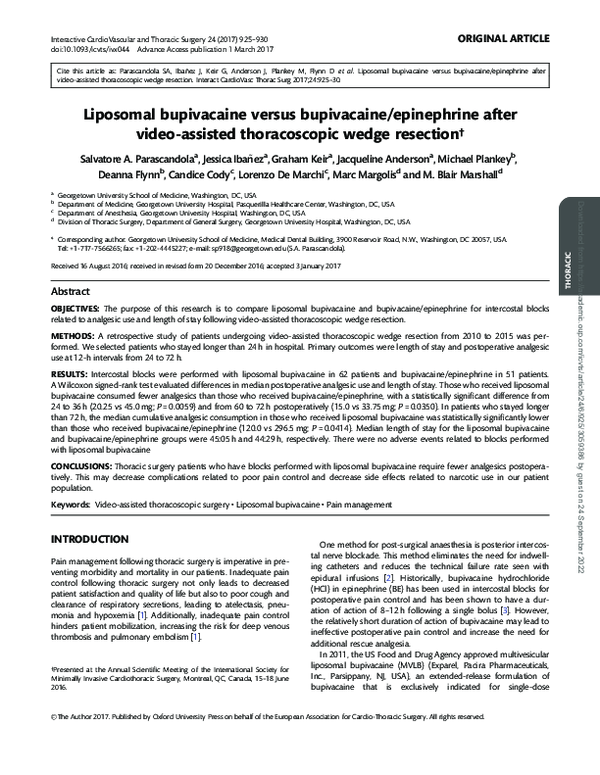 (PDF) Liposomal bupivacaine versus bupivacaine/epinephrine after video ...