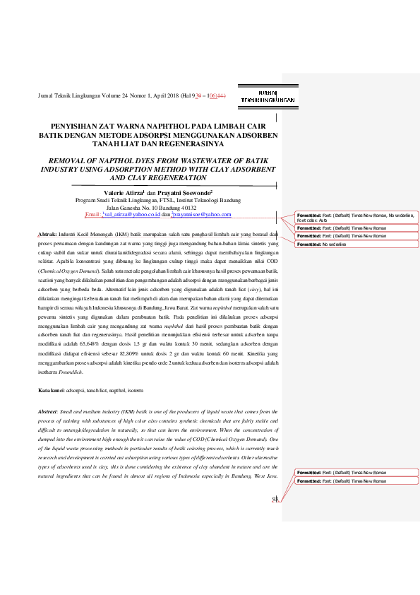 Pdf Penyisihan Zat Warna Naphthol Pada Limbah Cair Batik Dengan Metode Adsorpsi Menggunakan 