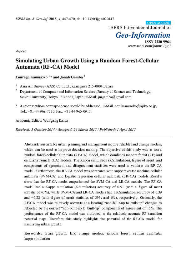 Pdf Simulating Urban Growth Using A Random Forest Cellular Automata Rf Ca Model Jonah