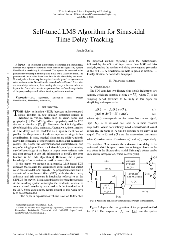Pdf Self Tuned Lms Algorithm For Sinusoidal Time Delay Tracking