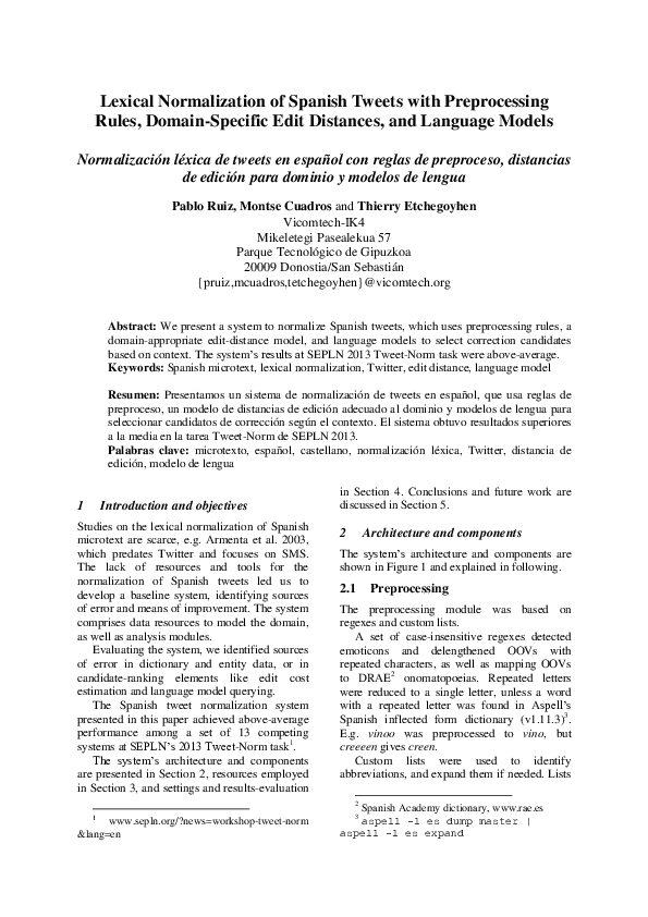 (PDF) Lexical Normalization of Spanish Tweets with Preprocessing Rules, Domain-Specific Edit ...