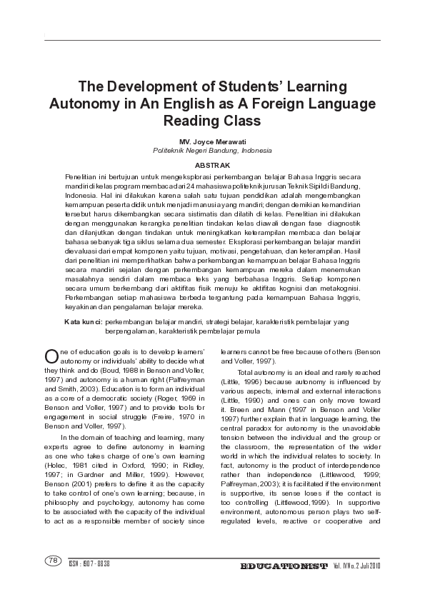 (PDF) The Development Of Studentsï¿½ï¿½ Learning Autonomy In An English As A Foreign Language ...