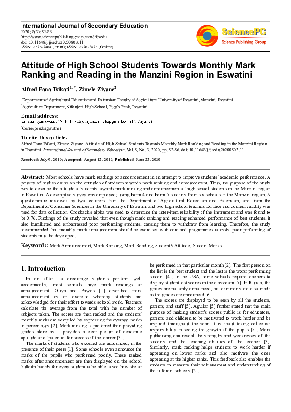 (PDF) Attitude of High School Students Towards Monthly Mark Ranking and ...