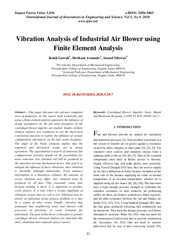 Pdf Vibration Analysis Of Industrial Air Blower Using Finite Element