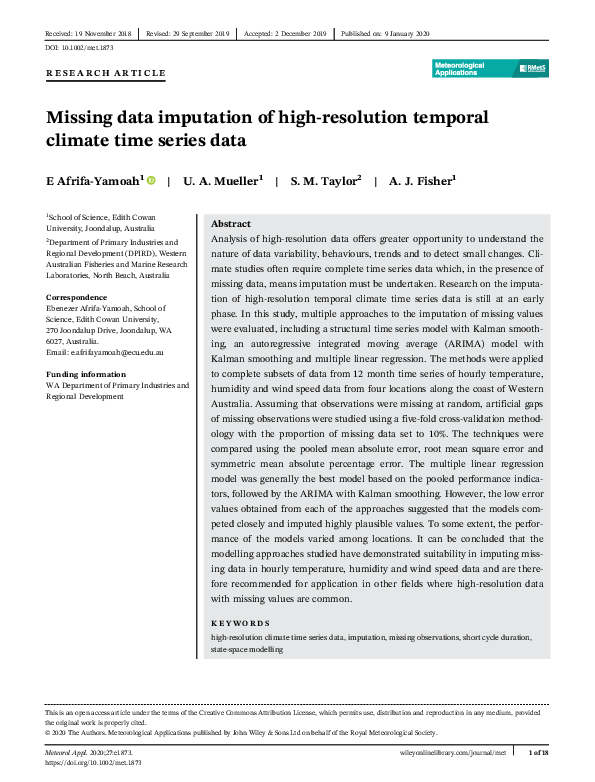 Pdf Missing Data Imputation Of High‐resolution Temporal Climate Time Series Data