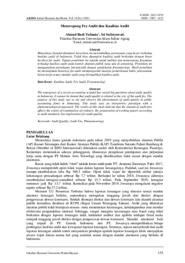 (PDF) Meneropong Fee Audit dan Kualitas Audit