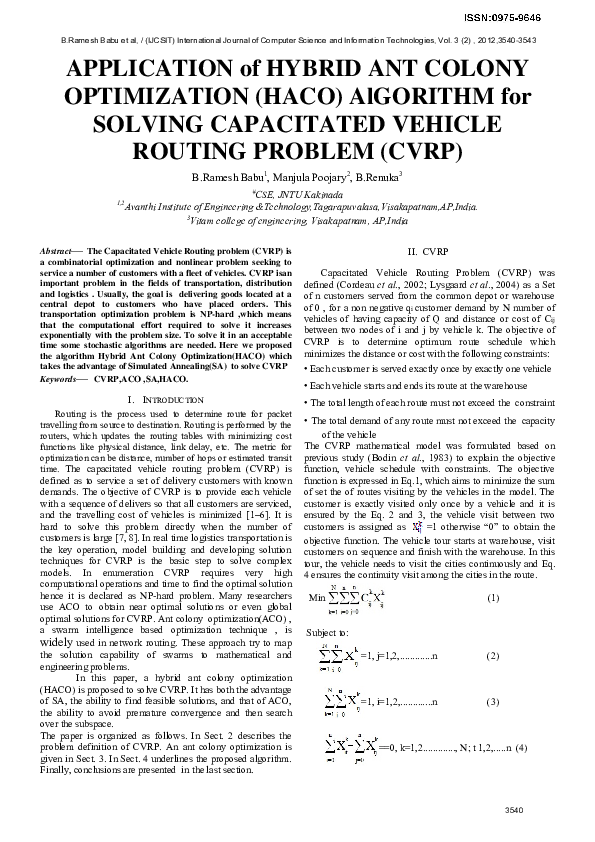 (PDF) APPLICATION of HYBRID ANT COLONY OPTIMIZATION ( HACO ) AlGORITHM for SOLVING CAPACITATED ...