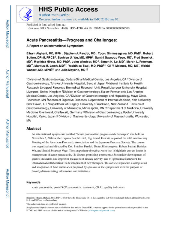 (PDF) Acute Pancreatitis-Progress and Challenges: A Report on an ...