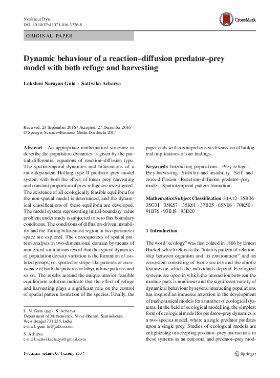(PDF) Dynamic behaviour of a reaction–diffusion predator–prey model with both refuge and harvesting