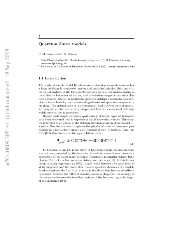 (PDF) Quantum Dimer Models