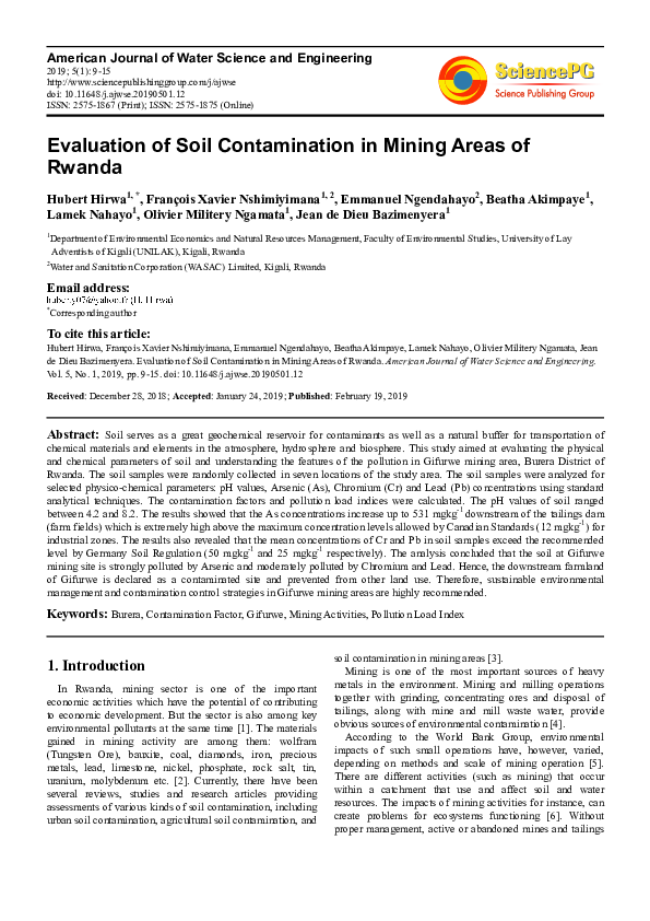 (PDF) Evaluation of Soil Contamination in Mining Areas of Rwanda