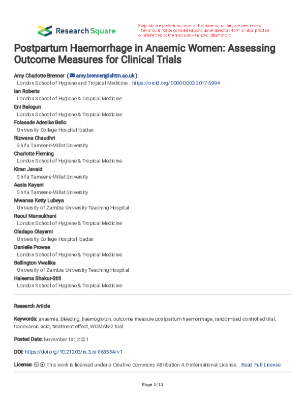 (PDF) Postpartum Haemorrhage in Anaemic Women: Assessing Outcome ...