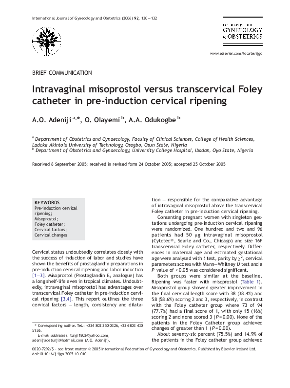 (PDF) Intravaginal misoprostol versus transcervical Foley catheter in ...