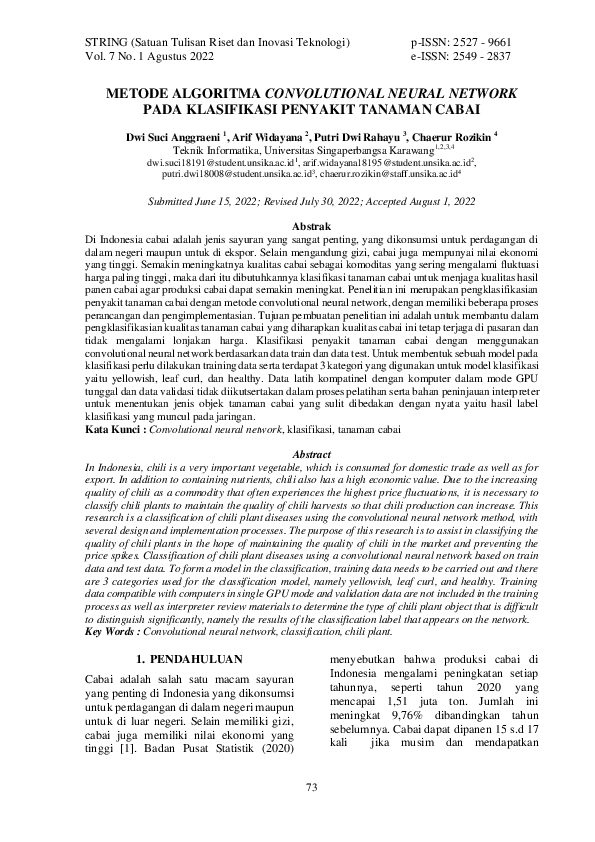 Pdf Metode Algoritma Convolutional Neural Network Pada Klasifikasi Penyakit Tanaman Cabai