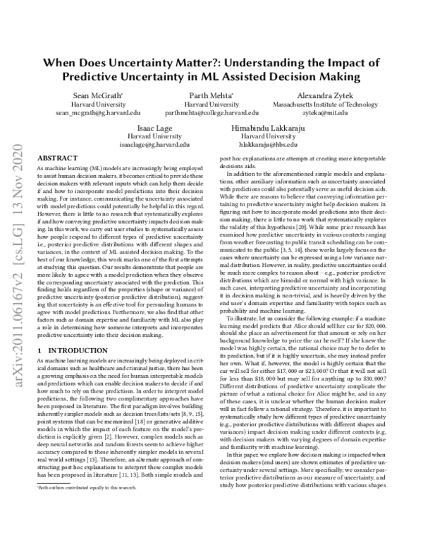 (PDF) When Does Uncertainty Matter?: Understanding the Impact of Predictive Uncertainty in ML ...