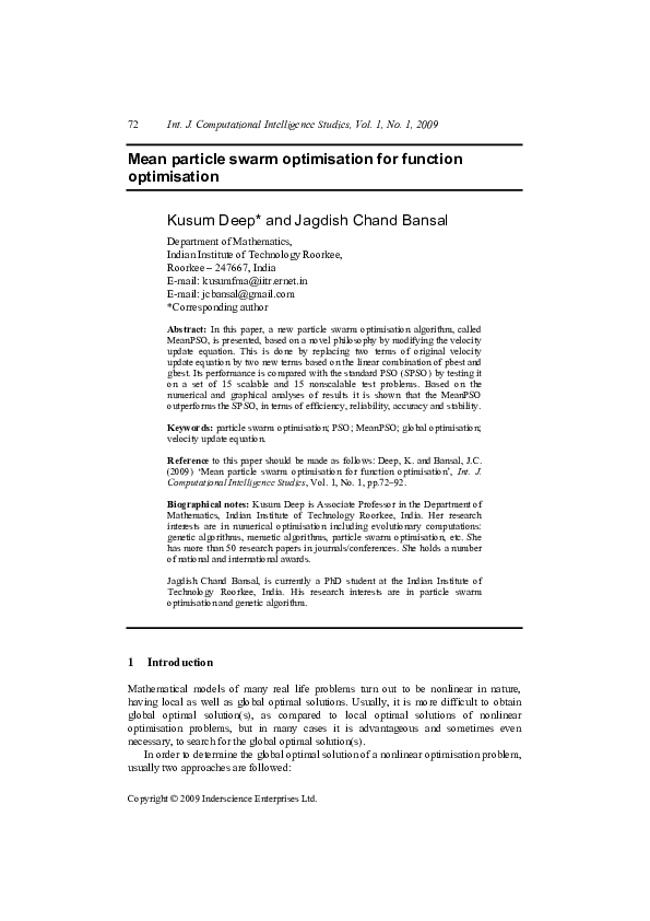 Pdf Mean Particle Swarm Optimisation For Function Optimisation