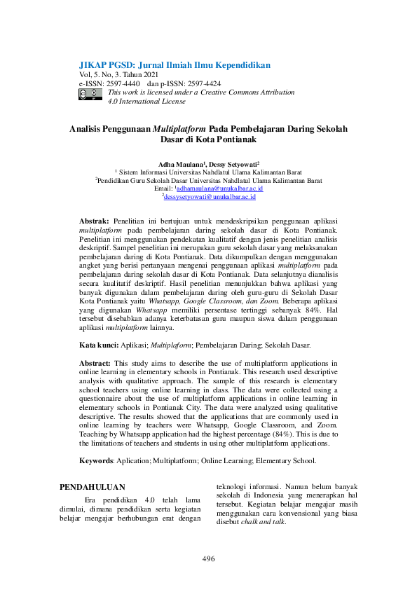 (PDF) Analisis Penggunaan Multiplatform Pada Pembelajaran Daring Sekolah Dasar di Kota Pontianak