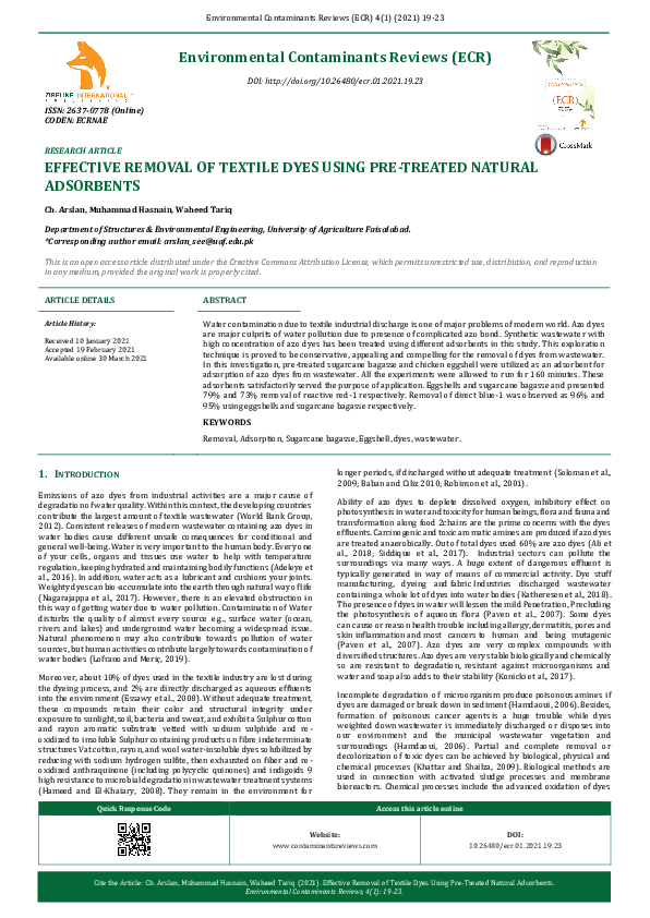 (PDF) Effective Removal of Textile Dyes Using Pre-Treated Natural Adsorbents