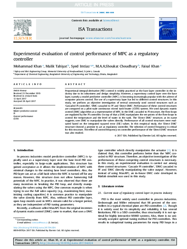 Pdf Experimental Evaluation Of Control Performance Of Mpc As A Regulatory Controller